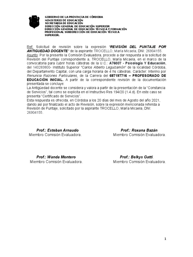 RESPUESTA REVISÓN DE PUNTAJE PROF - TROCELLO, Micaela | PDF ...