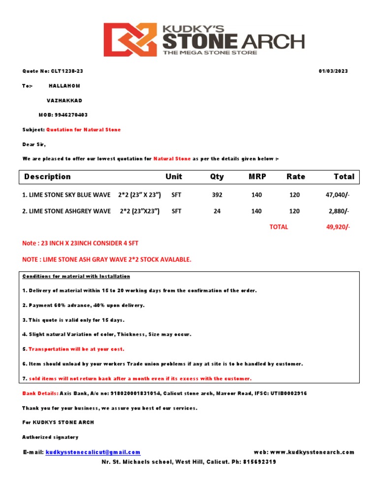Quotation for Natural Stone Flooring Materials from Kudkys Stone Arch | PDF