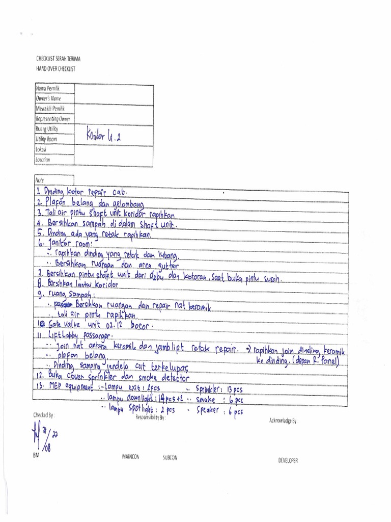 Check List Corridor 2nd Floor (Marketing) PDF | PDF