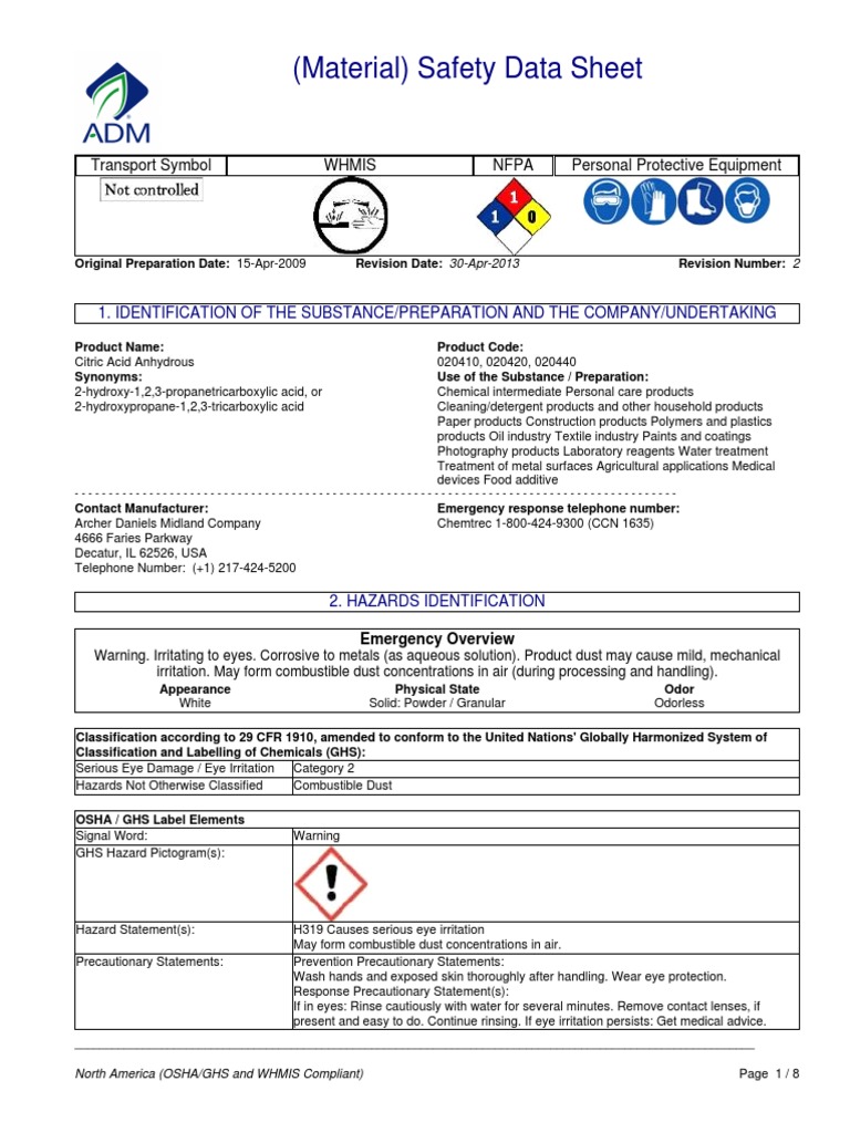 Citric Acid Ex ADM | PDF | Dangerous Goods | Carbon Dioxide