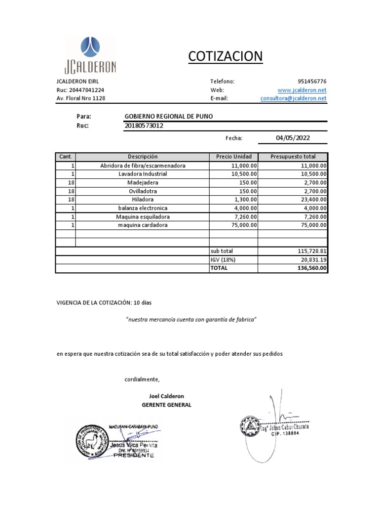 Formato Cotizacion JCALDERON EIRL PDF | PDF | Economias | Bancario