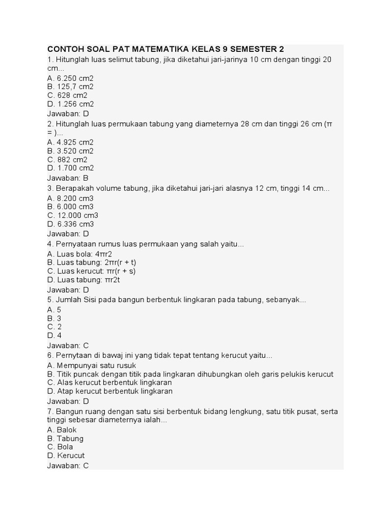 Contoh Soal Pat Matematika Kelas 9 Semester 2 | PDF | Metode & Bahan Ajar