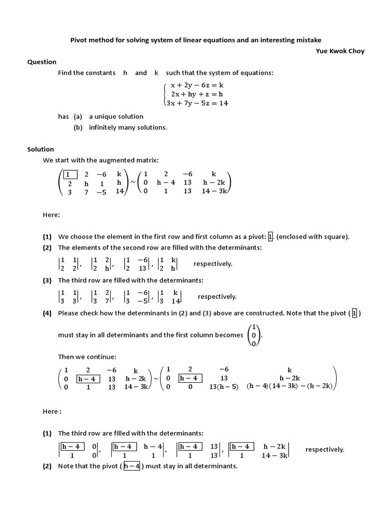 Pivot Method For Solving System of Linear Equations and An Interesting ...