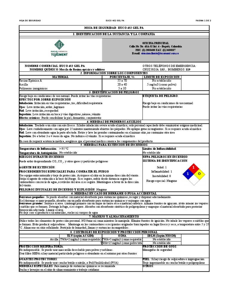 HS - Euco 452 Gel Pa | PDF | Toxicidad | Dióxido de carbono