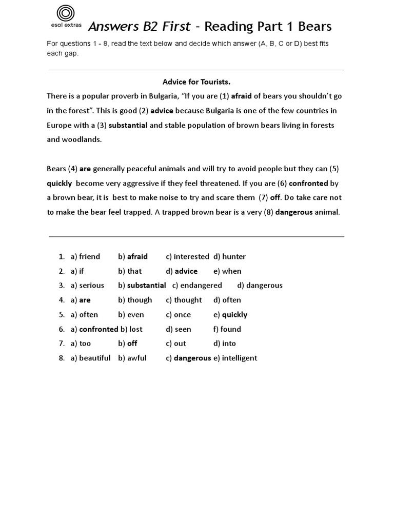 Answers - B2 First Reading (UOE) Part 1 Bears | PDF