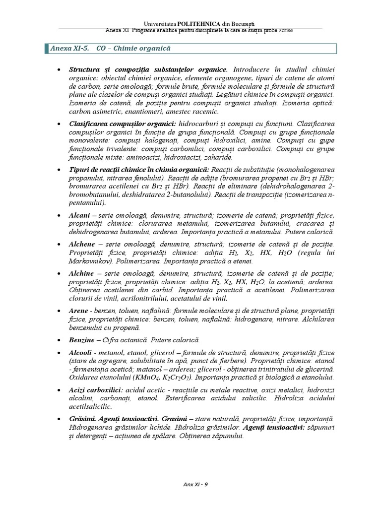 Programa Analitica Pentru Disciplina CHIMIE ORGANICA | PDF