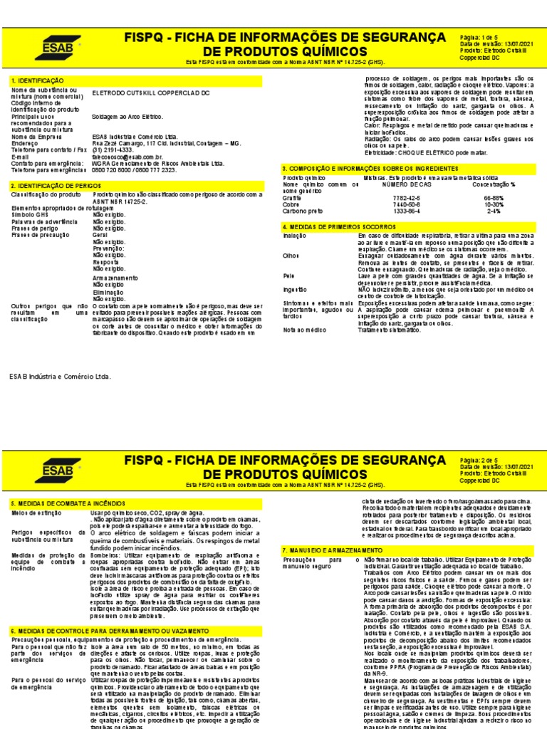 FISPQ Eletrodo Cutskill Copperclad DC | PDF | Embalagem e rotulagem | Química
