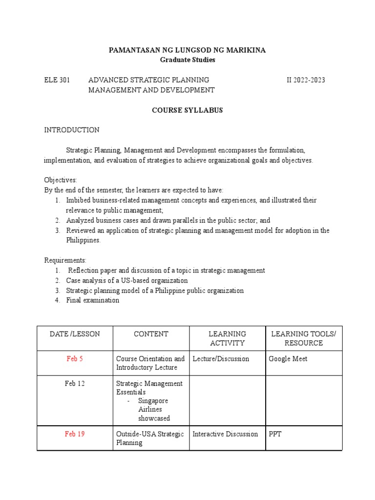 ELE301 Advanced Strategic Planning Management and Development | PDF