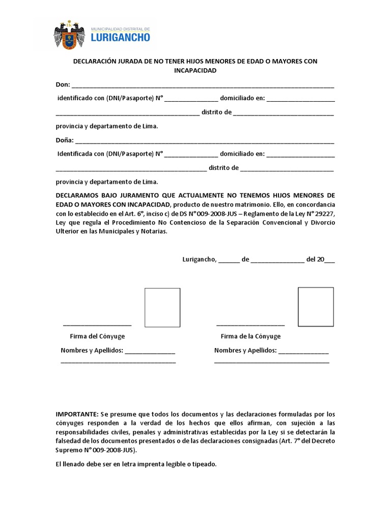 Declaración Jurada de No Tener Hijos Menores de Edad o Mayores Con Incapacidad | PDF
