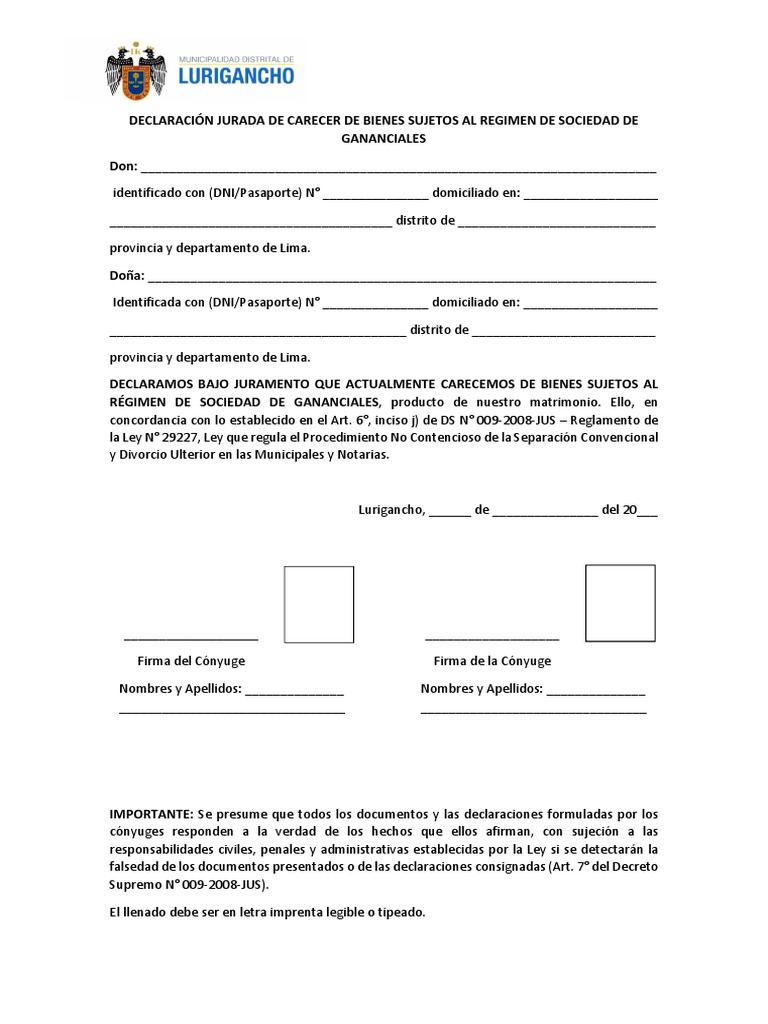 Declaración Jurada de Carecer de Bienes Sujetos Al Régimen de Sociedad ...