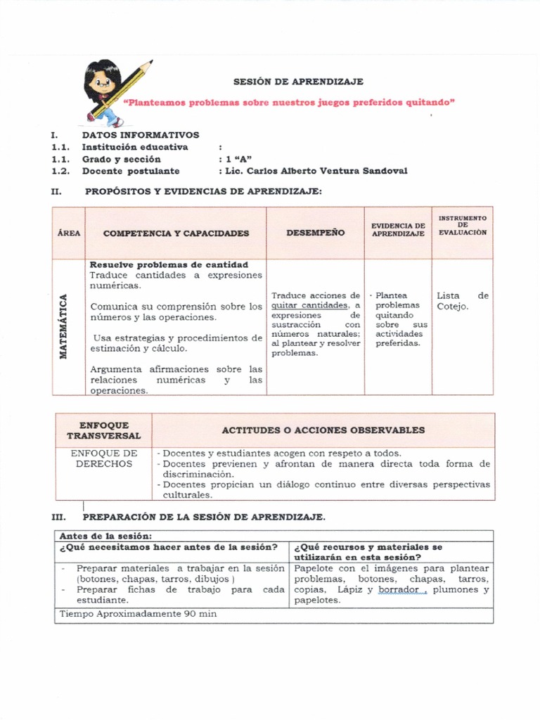 Modelo De Sesión De Aprendizaje Primaria Primer Gradopdf Pdf
