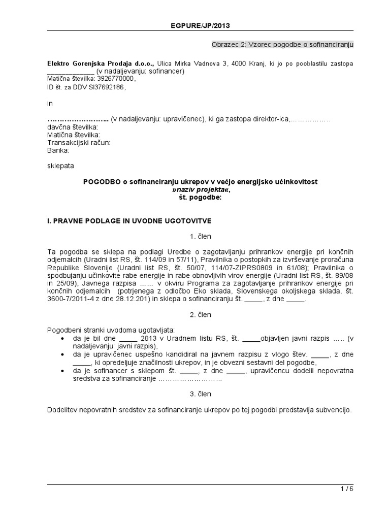 JP - 2013 - U01 - Obrazec - 2 - Vzorec Pogodbe | PDF