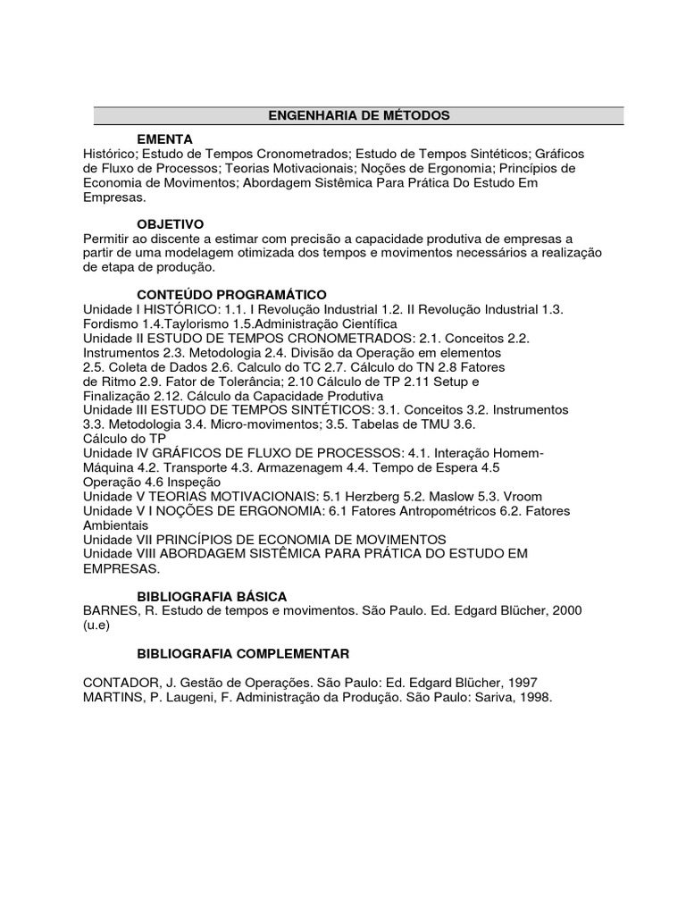 Ementa - Epr20.2 - Engenharia de Métodos PDF | PDF