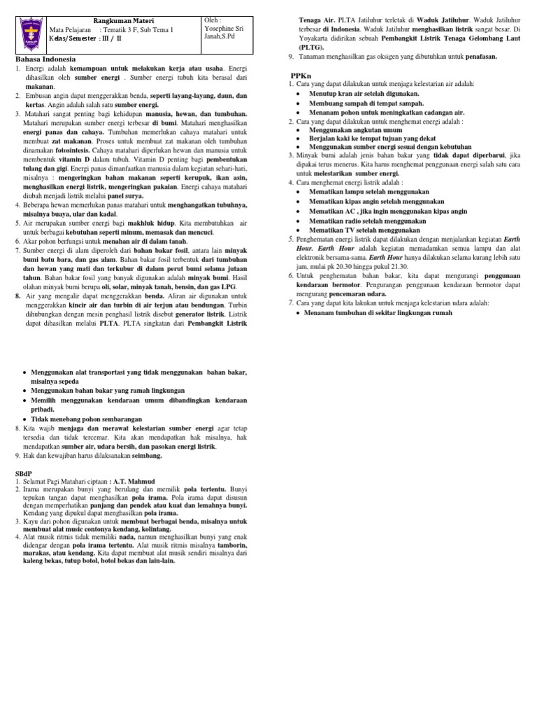 Rangkuman Kelas III Tema 3 F, Sub Tema 1-2 | PDF | Sains & Matematika