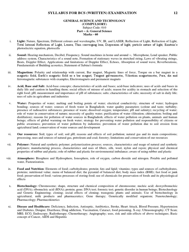 BCS Science Written Syllabus | PDF | Water | Light