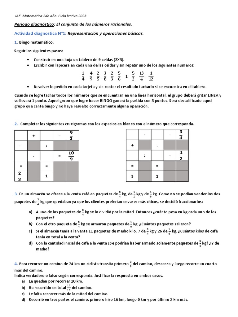 Diagnostico 2do. Matematica. Primera Parte | PDF