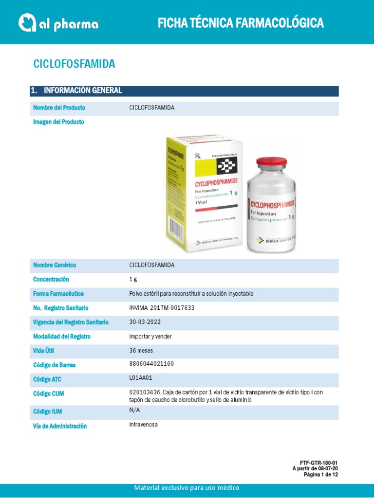 FTF GTR 180 01 FICHA TECNICA FARMACOLOGICA Ciclofosfamida 1g | PDF ...