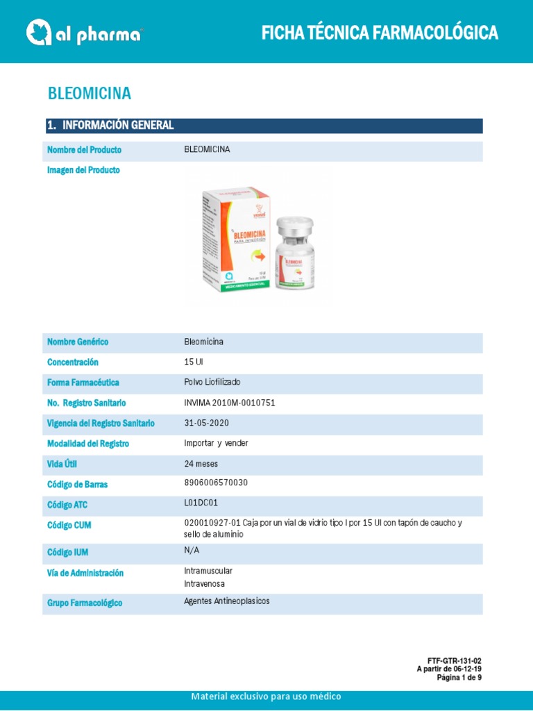 Ficha Técnica de Bleomicina 15 UI | PDF | Neumonía | Quimioterapia