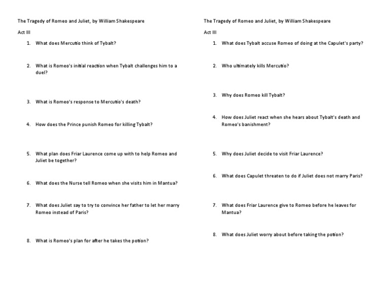 The Tragedy of Romeo and Juliet Act III Quiz Short Questions | PDF