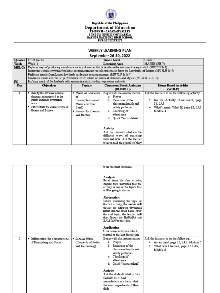 WHLP - MAPEH - Week Sept. 26-30 | PDF | Cognition | Learning