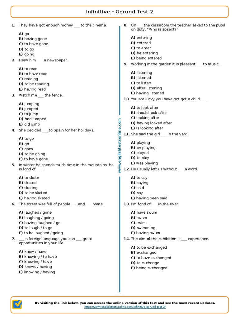 1415 - Infinitive Gerund Test 2 PDF | PDF