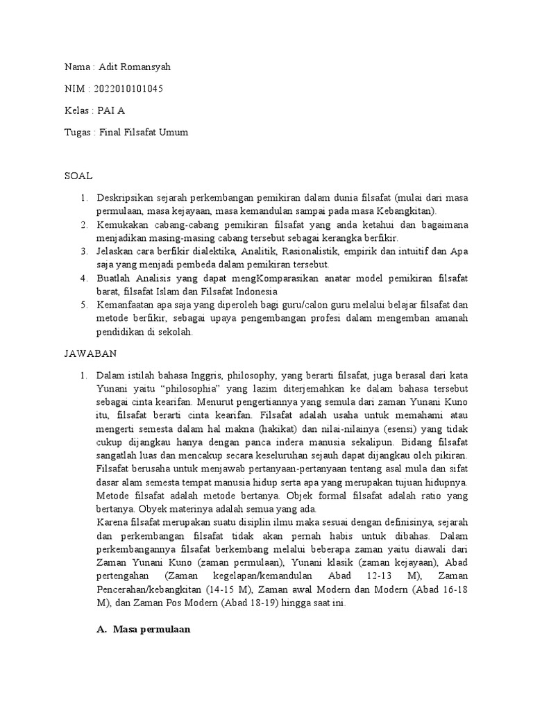 Tugas Final Filsafat Umum Adit Romansyah Pai A | PDF