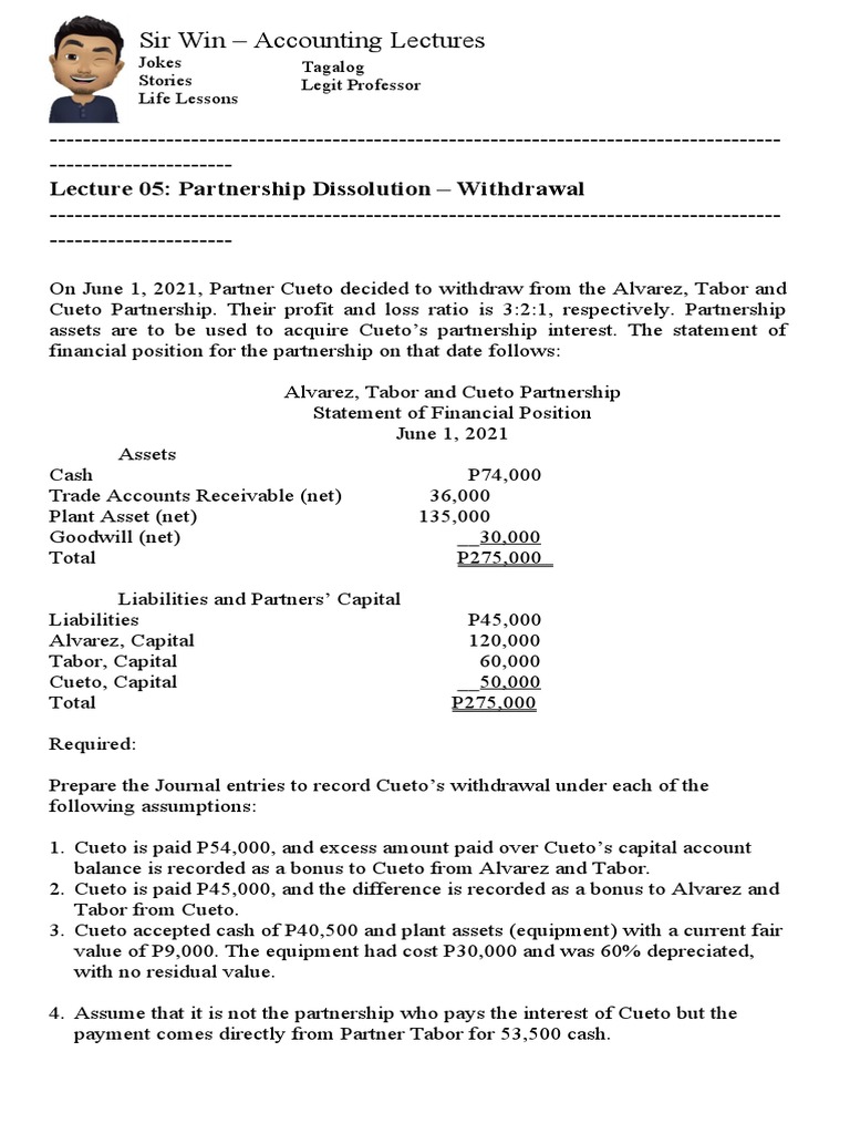 Lecture 05 Partnership Dissolution Withdrawal | PDF