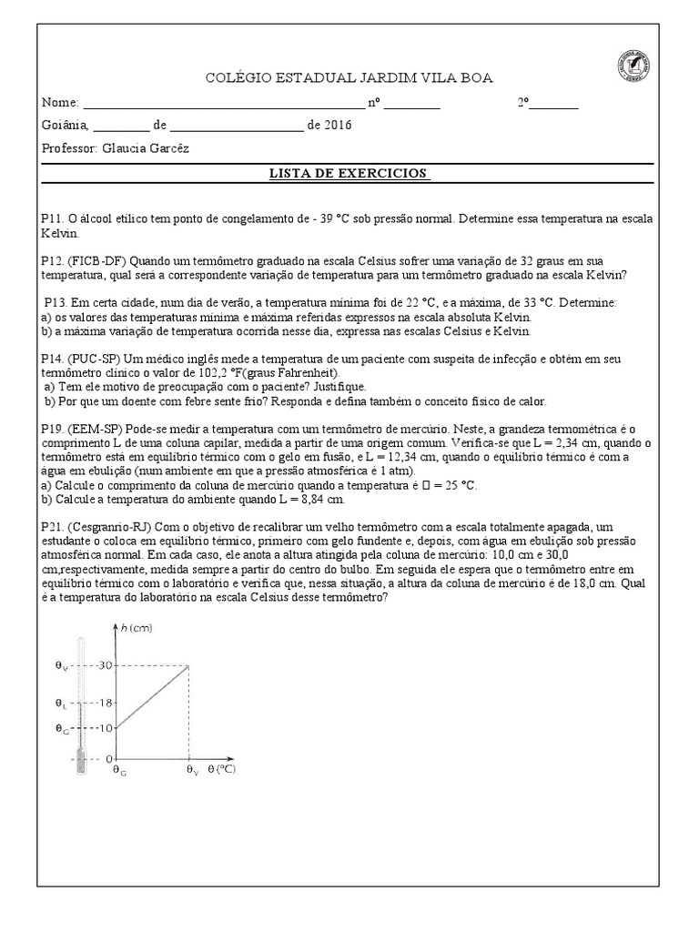 Lista de exercícios sobre conversão de temperaturas entre as escalas Celsius, Fahrenheit e ...