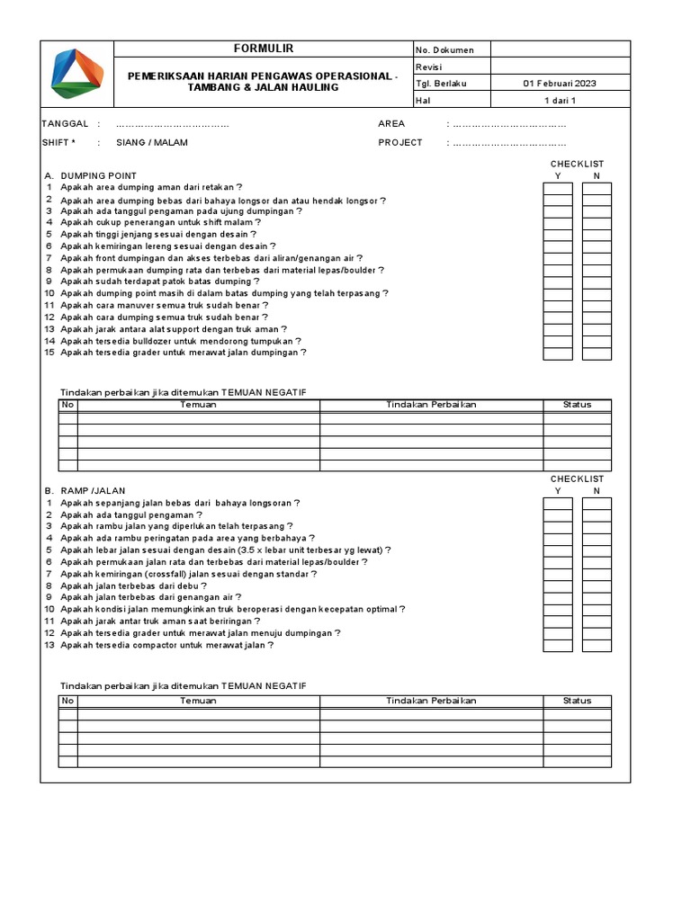 Formulir Checklist Inspeksi Daily Operation.xls | PDF