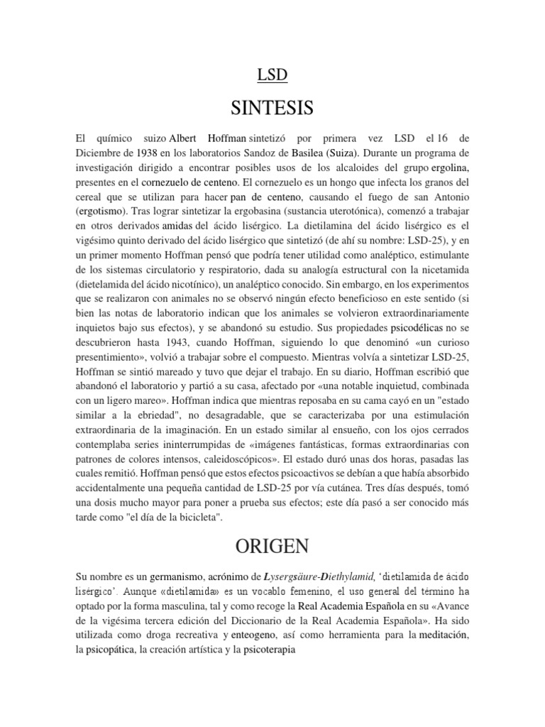 Sintesis: Origen | PDF | Dietilamida del ácido lisérgico | Drogas