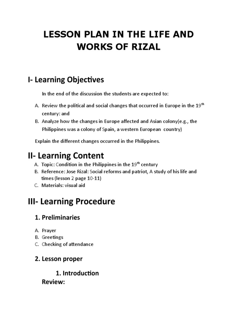 Lesson Plan in The Life and Works of Rizal | PDF
