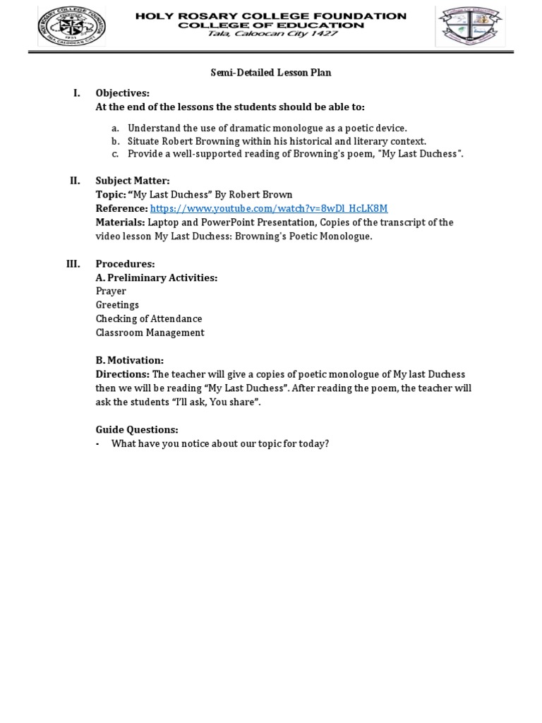 Semi-Detailed LP My Last Duchess | PDF | Robert Browning | Poetry