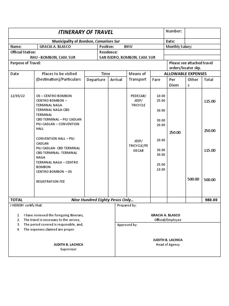 Itinerary Dec 22 BHW | PDF