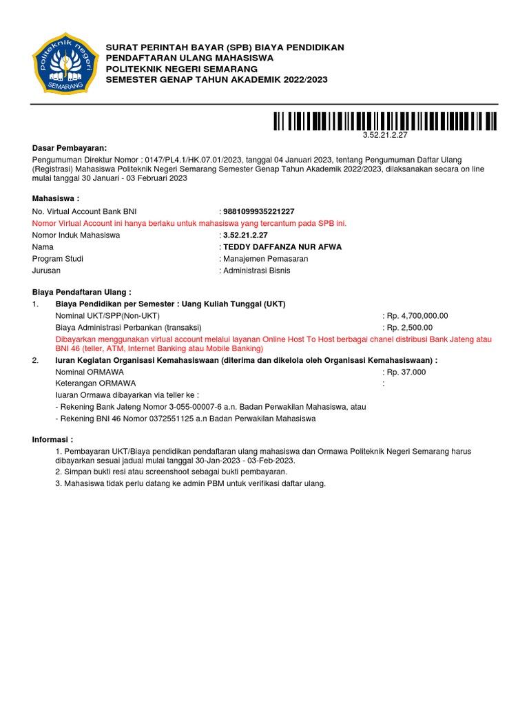 Surat Perintah Bayar (SPB) Biaya Pendidikan Pendaftaran Ulang Mahasiswa Politeknik Negeri ...