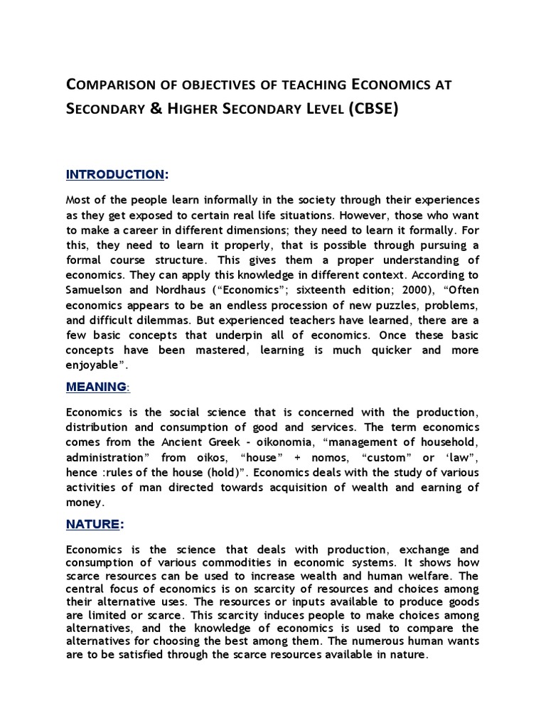 Comparison of Objectives of Teaching Economics at Secondary & Higher ...