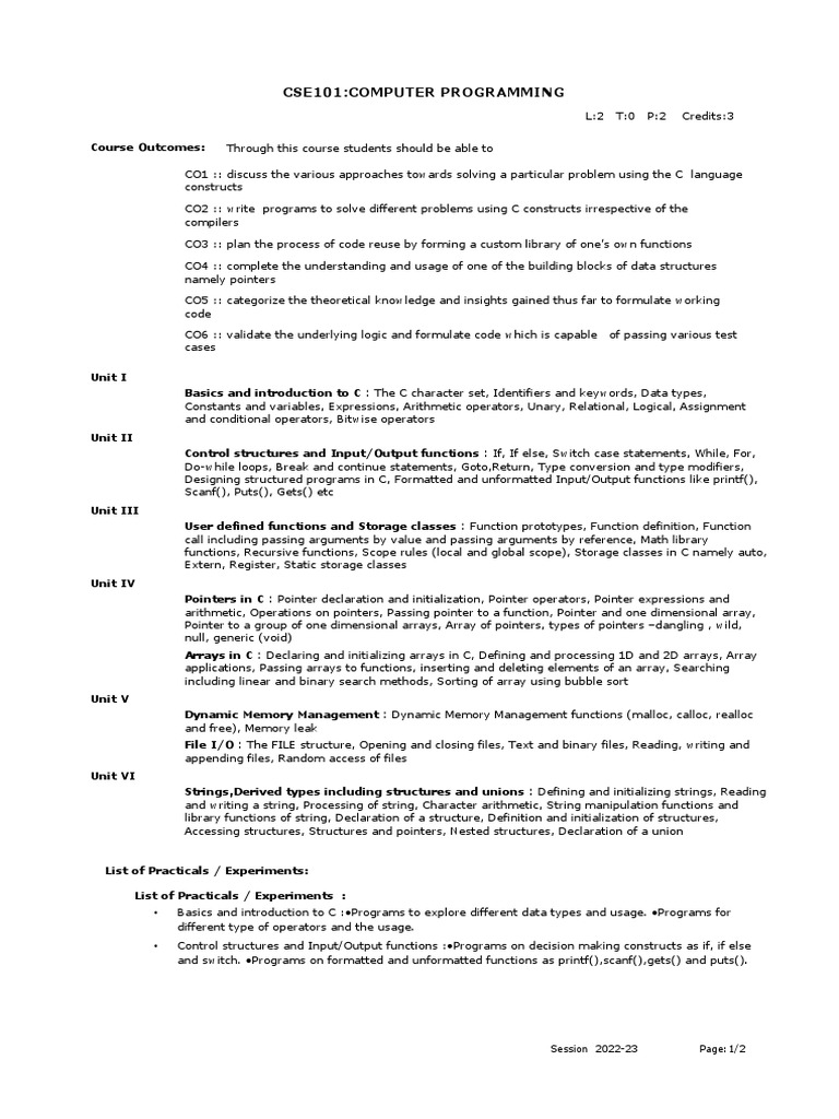 frmCourseSyllabusIPDownload CSE 101 PDF | PDF | Pointer (Computer Programming) | Control Flow