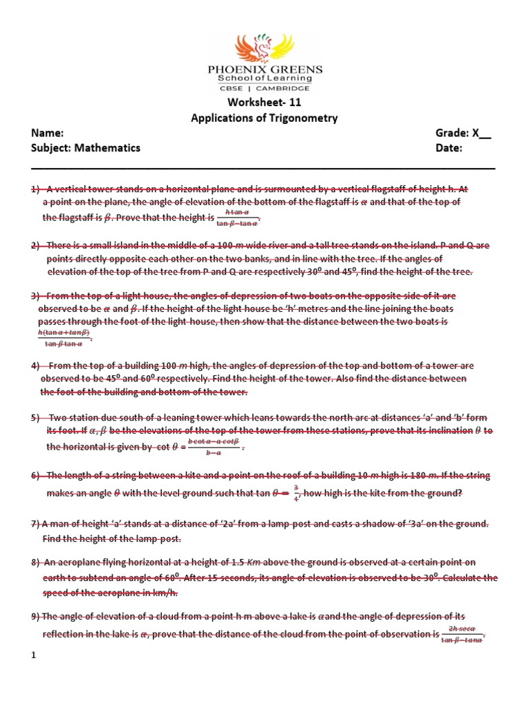 WS 11 CH - 9 Application of Trigonometry | PDF | Angle | Trigonometric ...