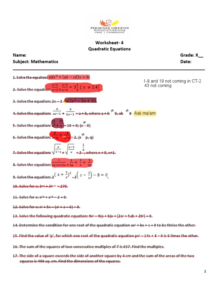 Solving quadratic equations worksheet | PDF | Numbers | Mathematics