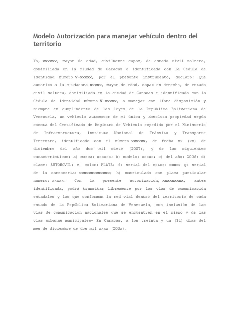 Modelo Autorización para manejar vehículo dentro del territorio.docx | PDF