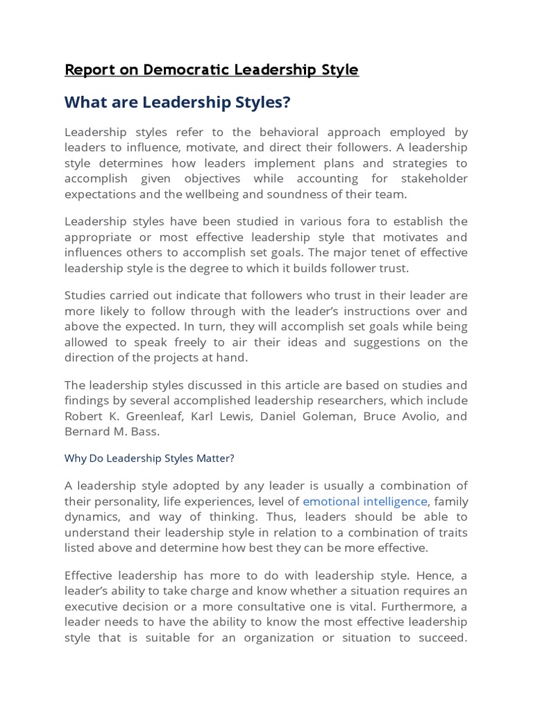 Report On Democratic Leadership Style | PDF | Leadership ...
