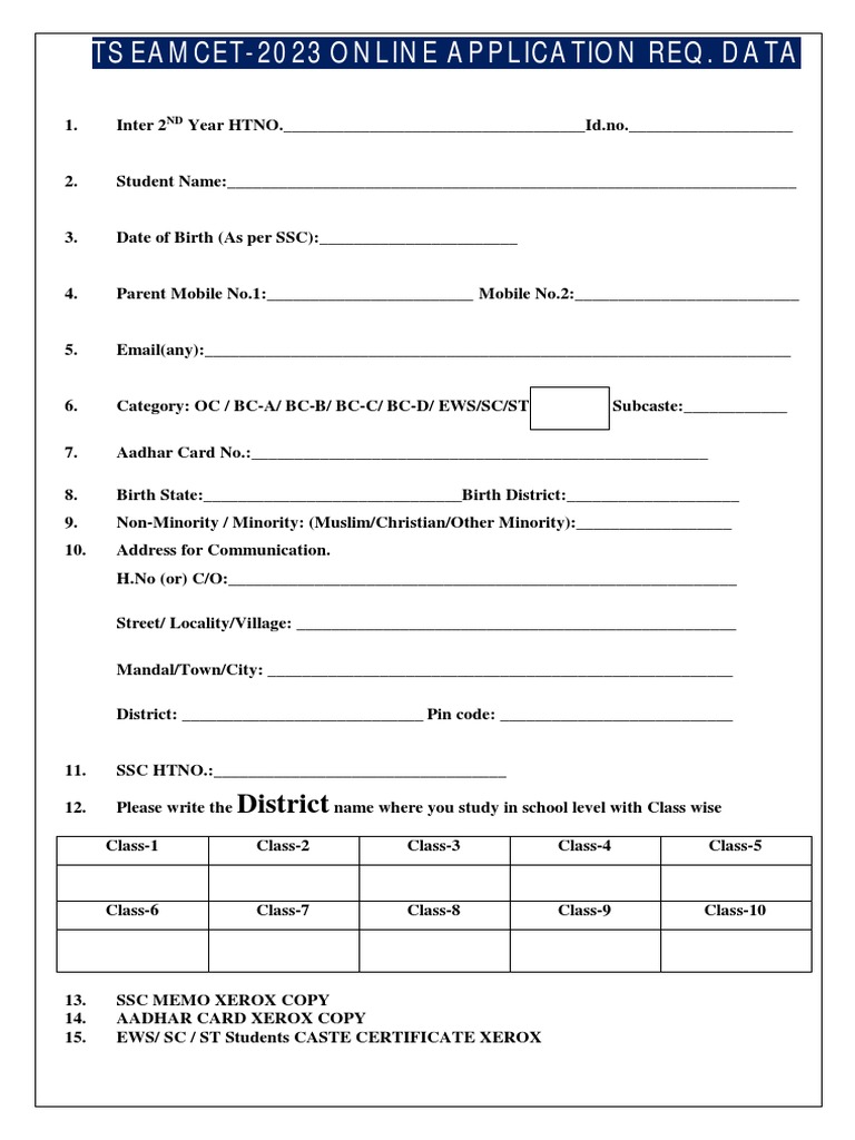 TS Eamcet 2023 - Application Required Details PDF | PDF