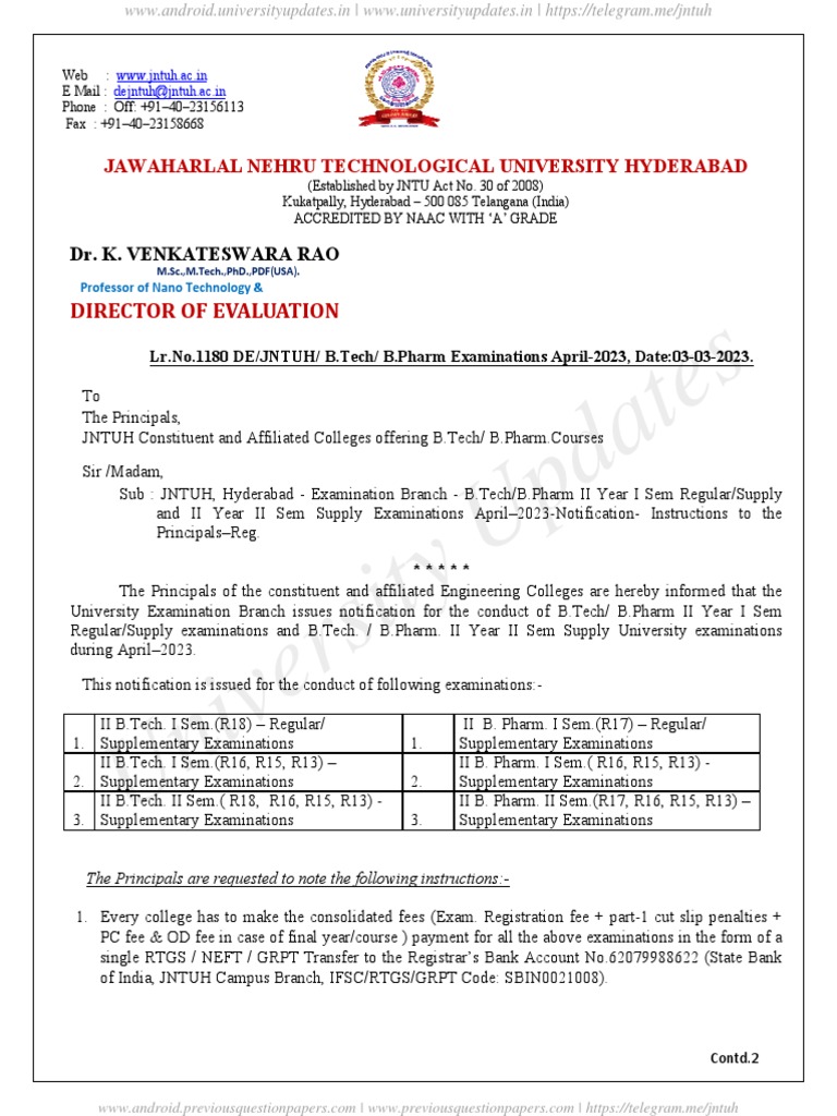 JNTUH Notification For BTech B.Pharm II - I Regular Supply, II - II ...