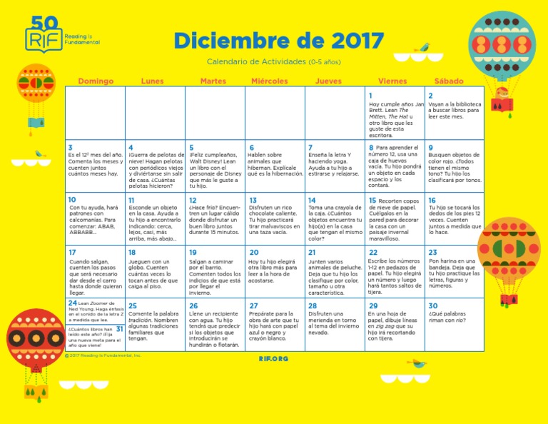 Calendario de Actividades para Trabajar La Lectura de 0 A 5 Años Mes de ...