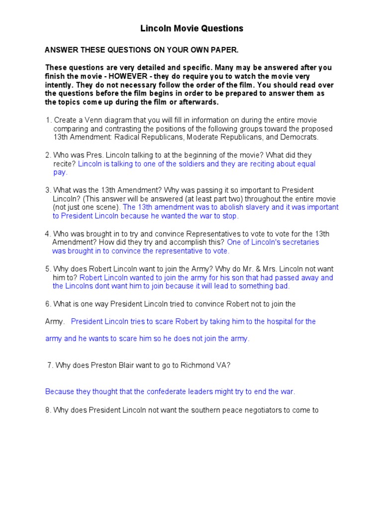 Lincoln Movie Questions | PDF | Abraham Lincoln | Thirteenth Amendment ...