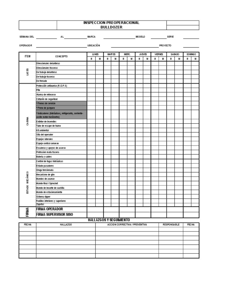 Inspeccion Preoperacional Bulldozer | PDF | Tecnología de vehículos ...