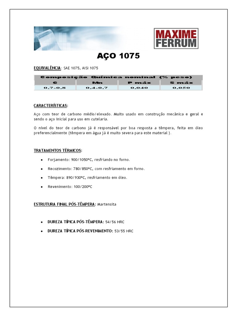 Aço 1075: Propriedades e Tratamentos | PDF | Tecnologia e Engenharia