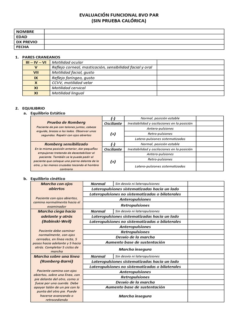 EVALUACIÓN FUNCIONAL 8VO PAR - Sin Prueba Calórica | PDF | Mano ...