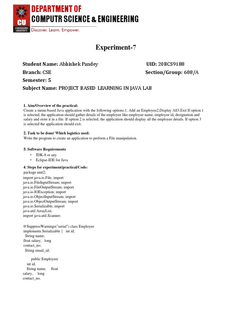 20BCS9188 Abhishek Pandey EXP 7 | PDF | Java (Programming Language) | Software Development