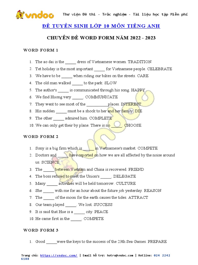 130 Cau Bai Tap Word Form Luyen Thi Vao Lop 10 | Download Free PDF ...