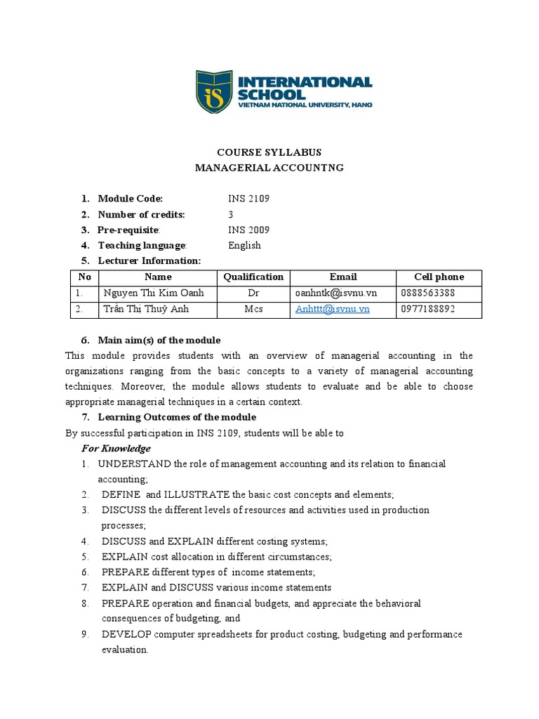 Course Syllabus - Managerial Accounting | PDF | Management Accounting ...
